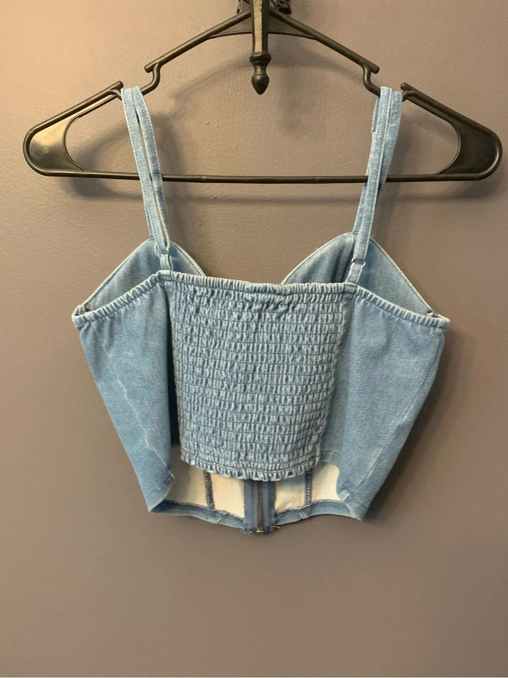 Tops | Denim Corset Zip Front Crop Top Light Blue | Poshmark